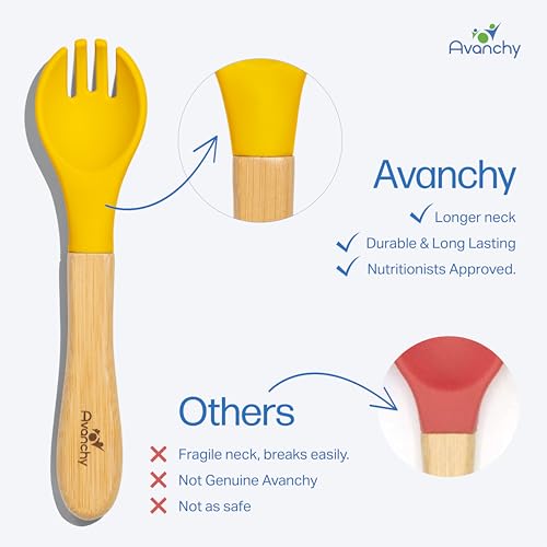 Avanchy Baby Fork Set, Bamboo and Silicone Spork Utensils, Toddler Baby Led Weaning Silverware Cutlery Flatware, Kids First Self Feeding, 2 Pack, 5 Pack, with Pink Fork