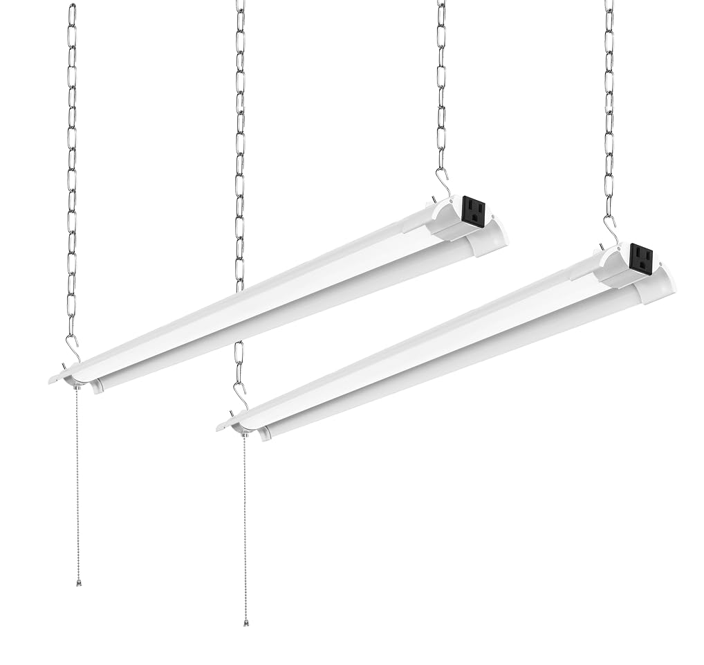 ENATECLITE 2-Pack 4foot LED Shop Lights for Workshop, 84W/7000LM/5000K Garage Hanging Lights with Plug-in Power Cord, 4ft Shop Led Lights with Pull Chain Switch, ETL Listed for Workbench, Basement