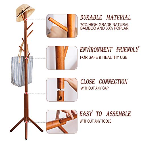 FILWH Premium Bamboo Coat Rack Tree with 8 Hooks, 3 Adjustable Sizes Free Standing Wooden Coat Rack, Super Easy Assembly Hallway, Entryway Coat Hanger Stand for Clothes Suits