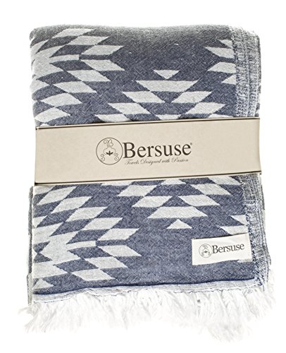 Bersuse 100% Cotton Teotihuacan XL Throw Blanket Turkish Towel - 75x90 Inches, Dark Blue