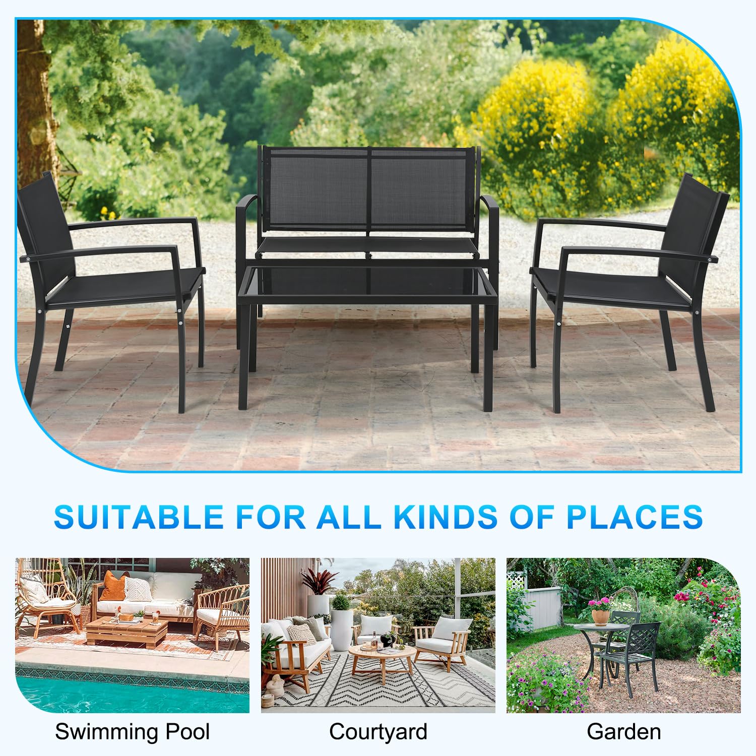 PayLessHere 4 Piece Outdoor Conversation Set for Patio Lawn Poolside with Glass Coffee Table Tempered Glass Tabletop Waterproof Set Textile Modern Conversation Set