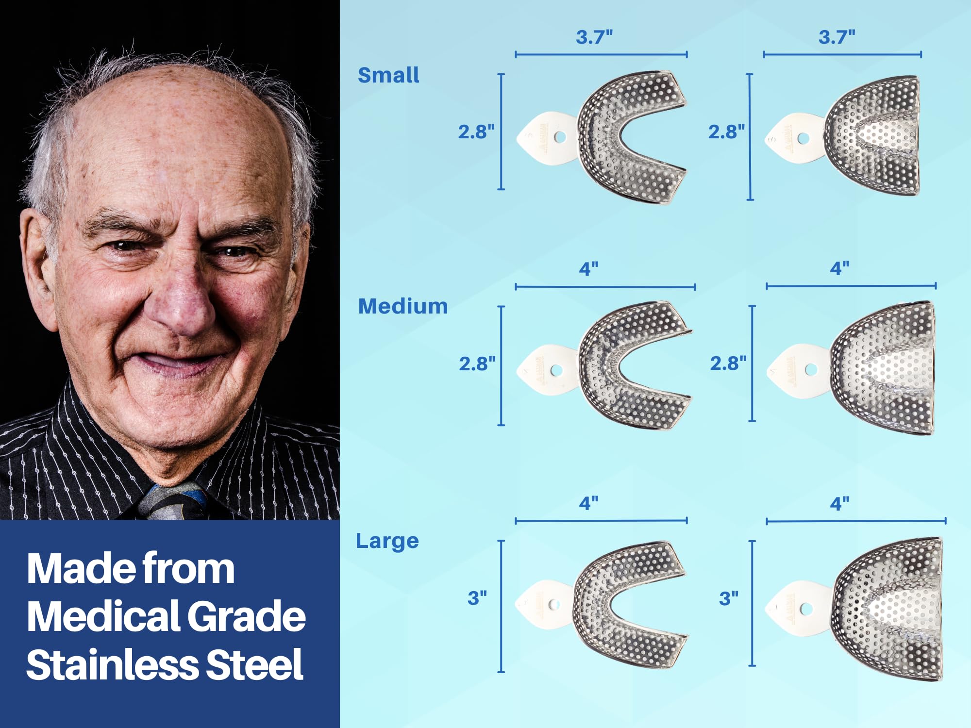 ARTMAN INSTRUMENTS Dental Impression Trays β Set of 6 Stainless Steel, Perforated, Autoclavable Trays (Small, Medium, Large) for Upper & Lower Teeth β Durable, Reusable, Rounded Margins for Comfort