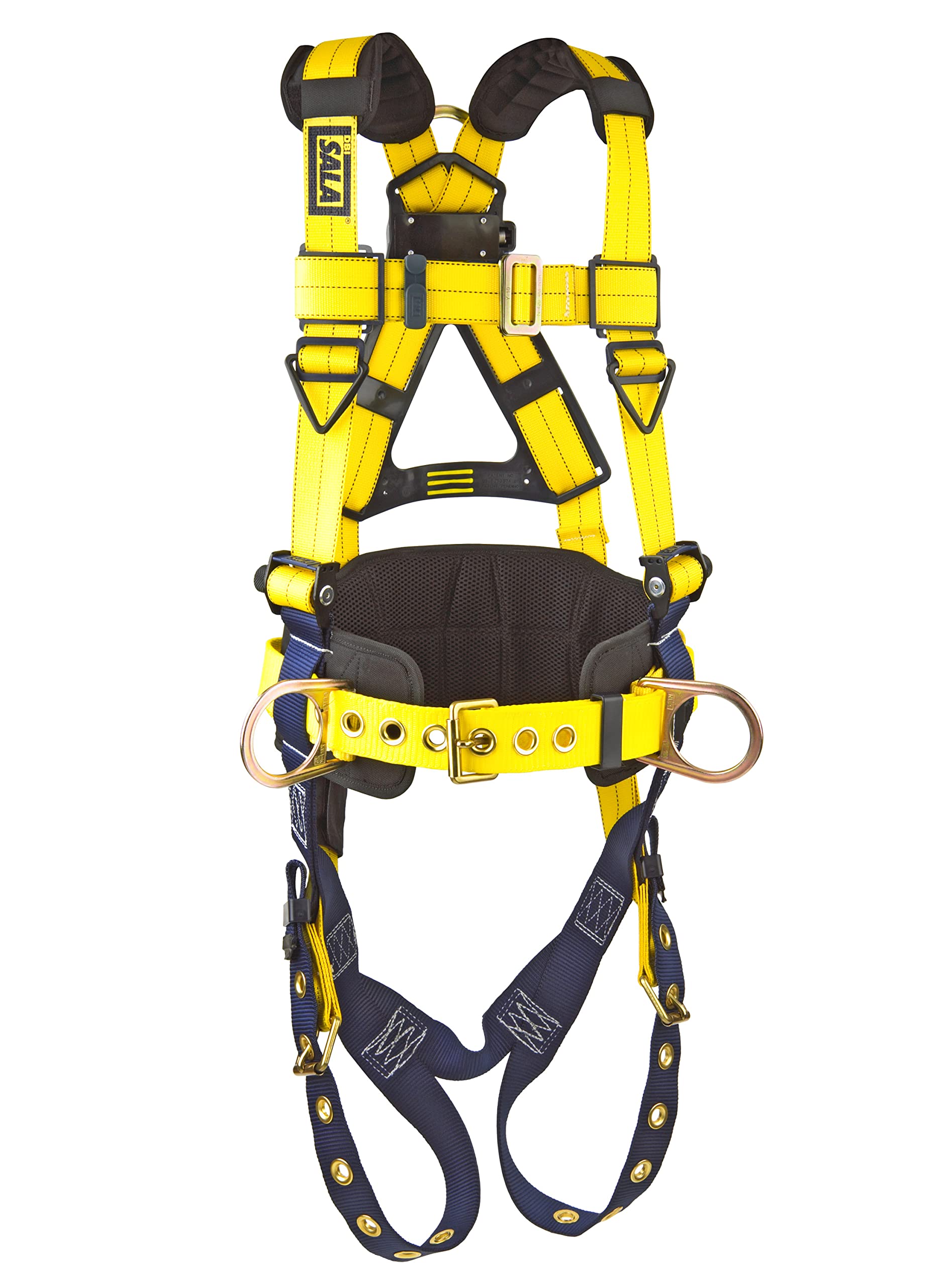 3M DBI-SALA Delta 1102201 Construction Harness, Back and Side D-Rings, Tongue Buckle Legs, Body Belt and Hip Pad, 420 lb Capacity, Small, Yellow/Navy