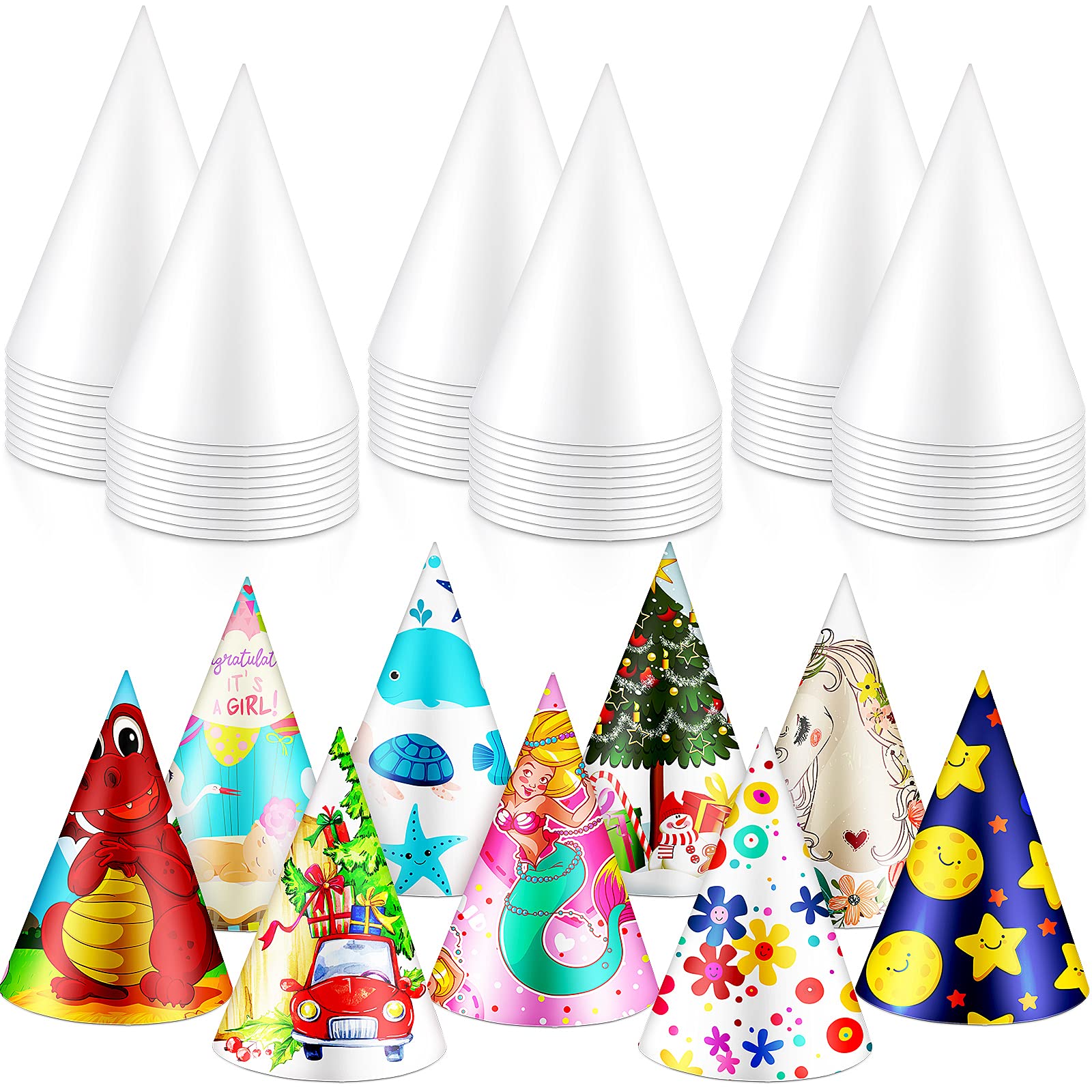 60 Pieces White Party Cone Hats Party Paper Cone Hats White Party Paper Hats for Adults DIY Art Craft Birthday Party Supplies, 6.5 x 4.1 Inch