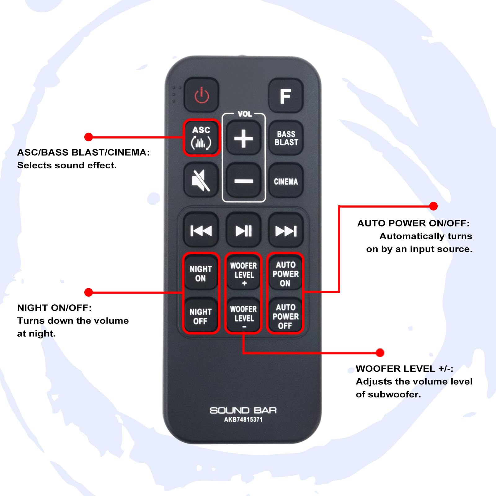 AKB74815371 Replacement Remote Fit for LG Wireless Sound Bar SK3D (SK3D, SPH4B-W) SK4D (SK4D, SPH4B-W) SJ4