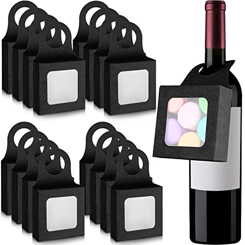 25 Count Kraft Paper Wine Bottle Box with Window Hanging Foldable Gift Boxes Wine Boxes for Gifts Empty Wine Bottles for Decoration Bottle Hanger Favor Box (Black, 3.5 x 3.5 x 1.2 Inches)