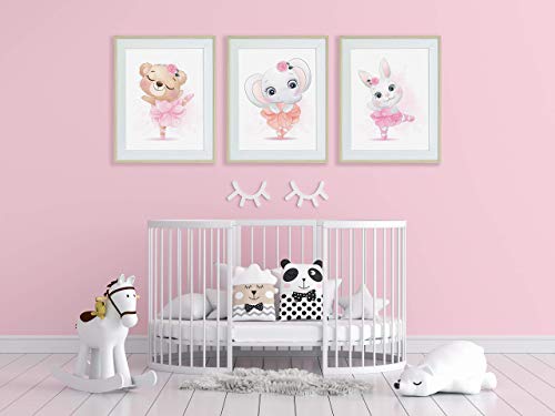 Framed Nursery Wall Art Animals Ballerinas for Girl Baby Room Wall Decor, 10"x12" Wood Frame, Set of 3