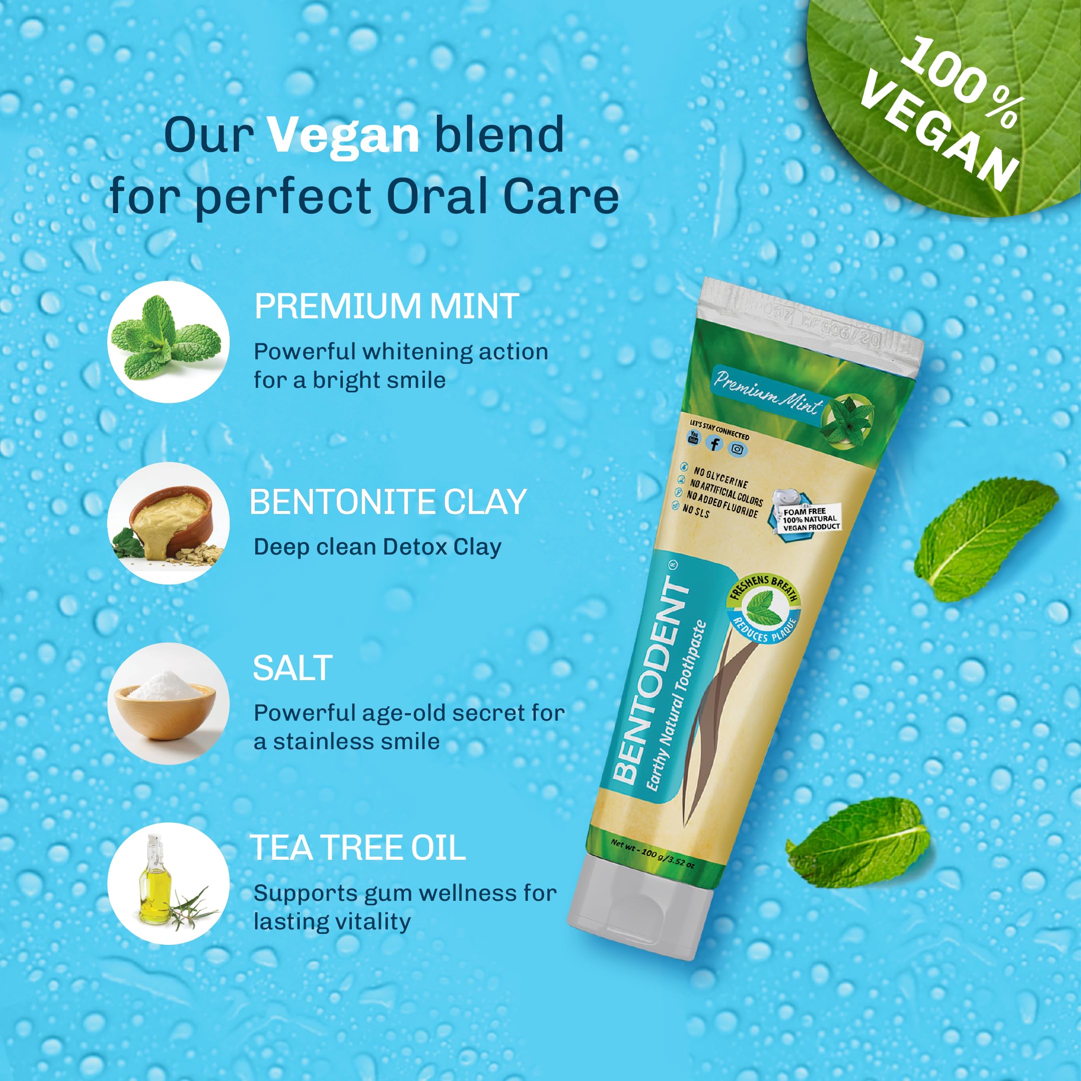 Bentodent Remineralizing Fluoride Free Toothpaste, Organic & Natural with Calcium Bentonite Clay, SLS Free, Whitening for Sensitive Teeth, Vegan (Premium Mint Combo)