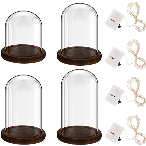 4 Pcs Clear Glass Dome Cloche with Led Fairy Light and Wood Base Set, Battery Operated Glass Cloche Glass Dome with Base Tabletop Bell Jar Display Case for Office Home Wedding Centerpiece (Coffee)