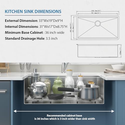 33 Kitchen Sink Undermount - GhomeG 33x19 Inch Undermount Kitchen Sinks Stainless Steel Kitchen Sinks Ledge Workstation Single Bowl 16 Gauge Under Counter Kitchen Sink Basin Round Corners