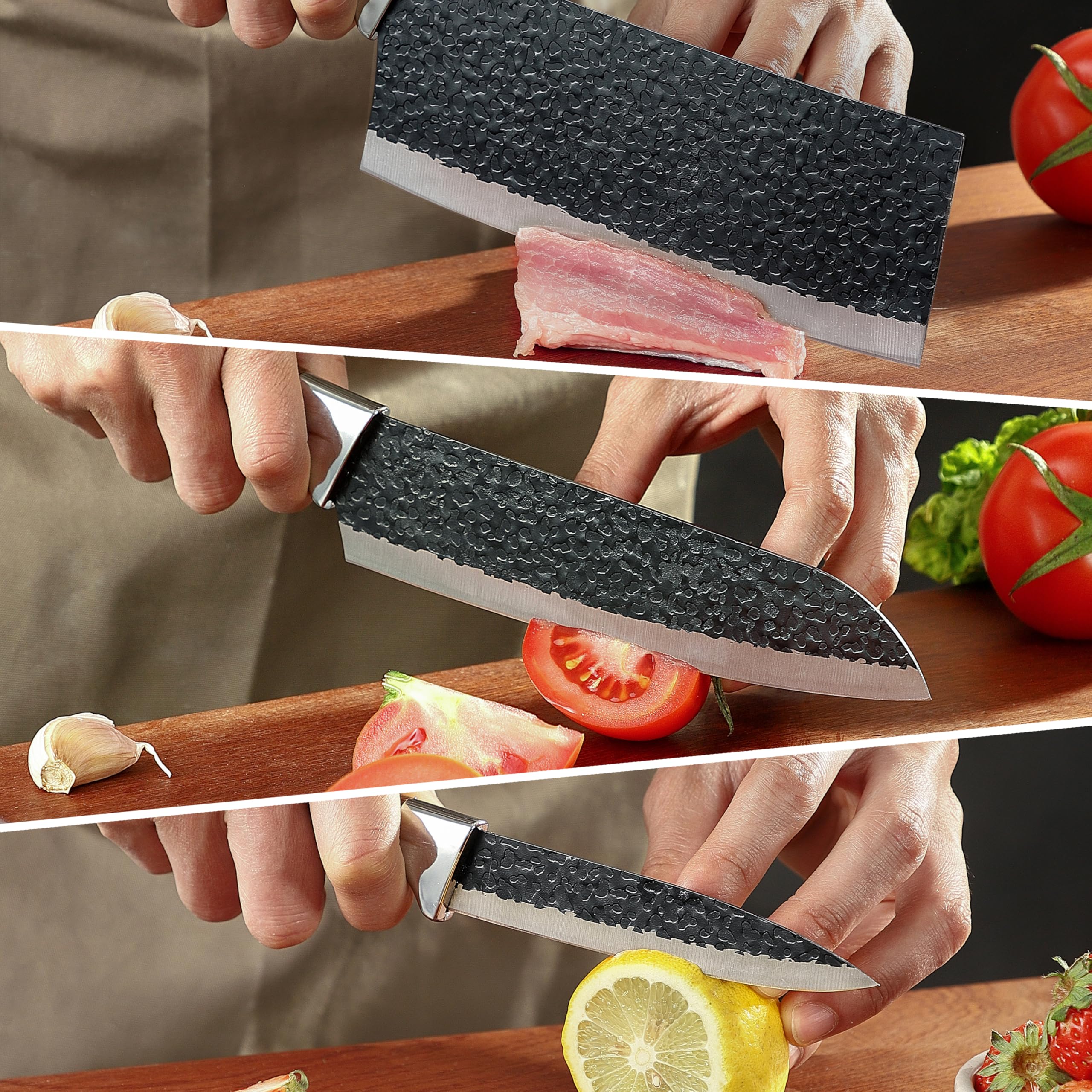 3PCS Chef Knife, Little Cook Chef Knife Set, Includes 7 inch Chef Knife, 7 inch Cleaver Knife and 4.5 inch Boning Knife, Premium Stainless Steel With Ergonomic Plastic Handle (Blackening technique)