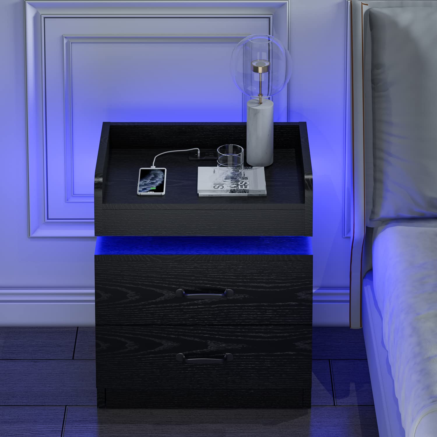 4ever2buy Black Night Stand with LED Light, Bedroom Night Stand Charging Station, LED Nightstand with 2 Drawers, Bedroom Side Table for Bedroom, Living Room