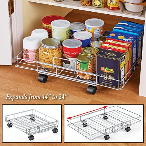 Collections Etc Flat Rolling Floor Shelf Metal Storage Cart - Expandable to 24" W - Slim Cart Holds Up to 22 Lbs. on 4 Caster Style Wheels, Fits Under Beds, Desks or Shelving