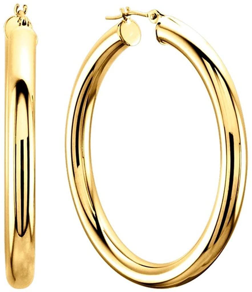 14k REAL Yellow Gold 40MMx3.00MM Thickness Classic Polished Round Tube Hoop Earrings with Snap Post Closure For Women