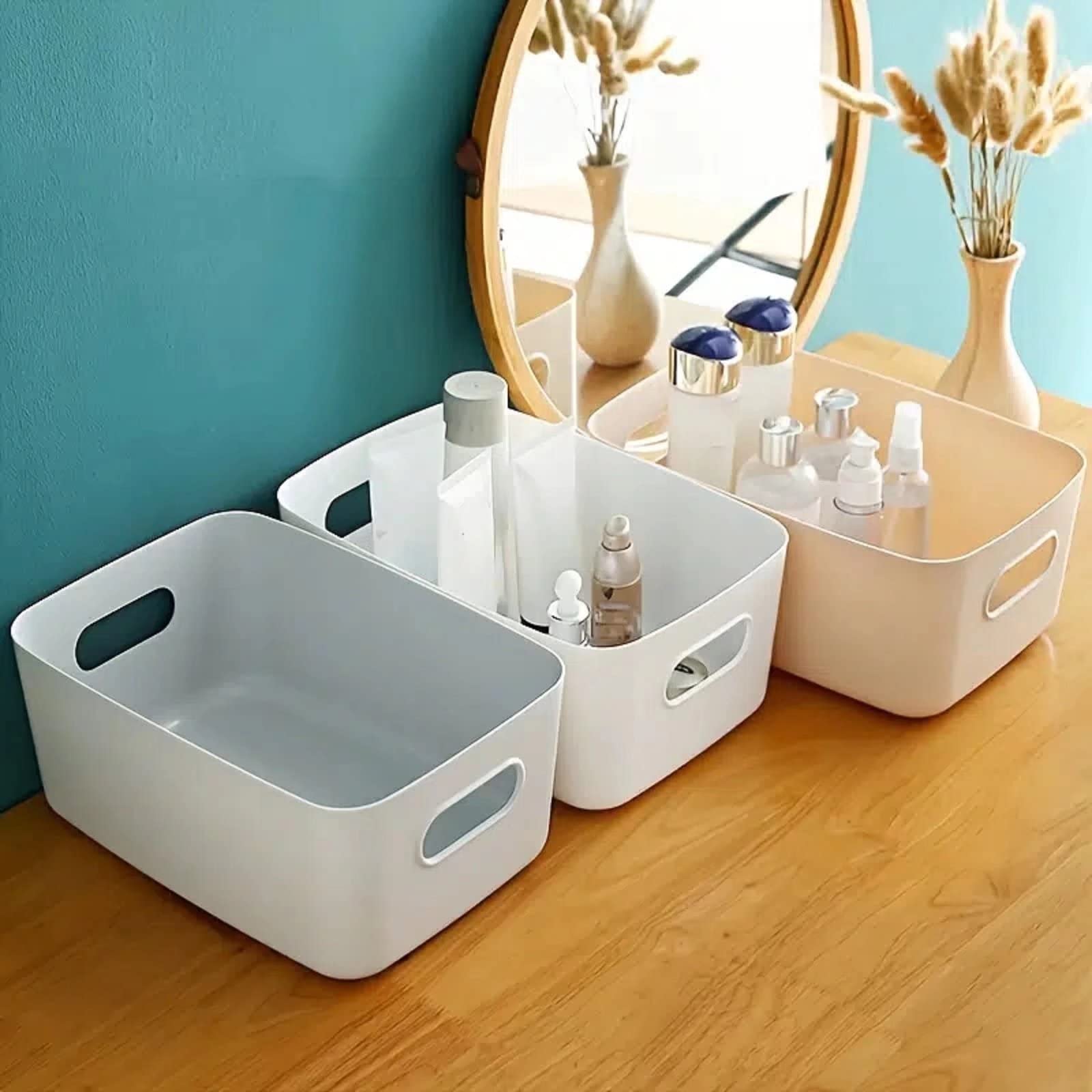 2 Pack Plastic Storage Basket, White Storage Bin with Handle Bathroom Organization Bins Kitchen Spice Rack Organizer for Shelves Drawers Pantry Closet(11.8x8x4.9in)