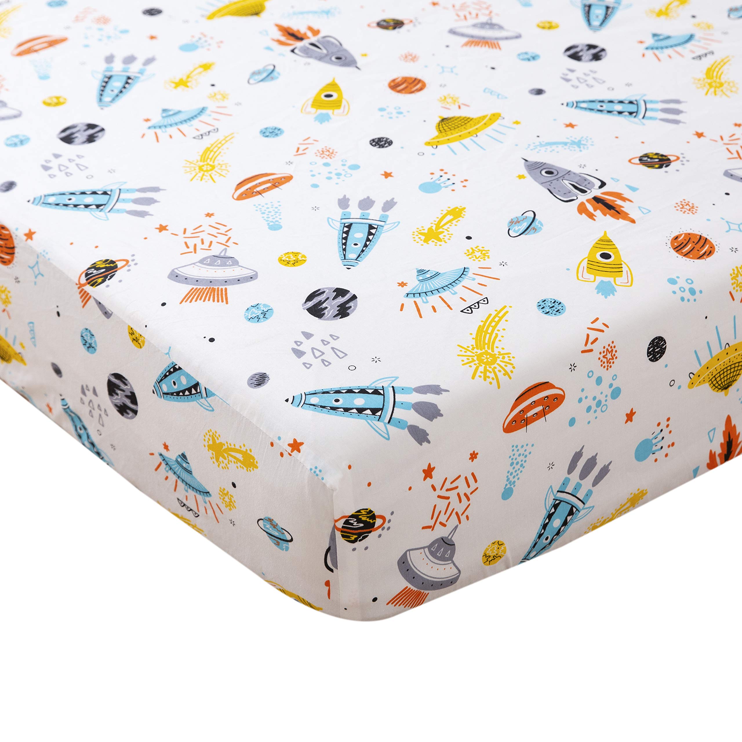 Brandream Baby Boys Crib Sheet Sets Outer Space, Rocket & Planet Fitted Crib Sheets,2 Pack Navy/White Baby Infant Newborn Crib Mattress Sheet 100% Cotton,Galaxy Theme