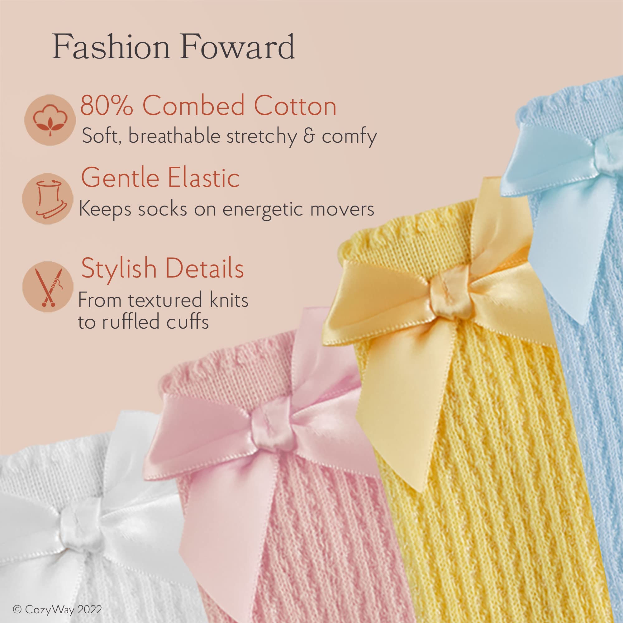 CozyWay Baby & Toddler Knee High Bow Socks, 6 Pack for Girls, Pastel Colors, 0-9 Months Old
