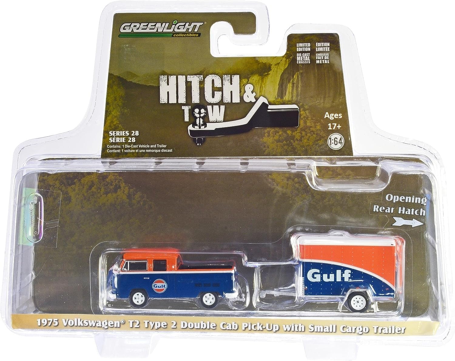 1975 T2 Type 2 Double Cab Pick-Up Truck Blue and Orange with Small Cargo Trailer Hitch & Tow Series 28 1/64 Diecast Model Car by Greenlight 32280B