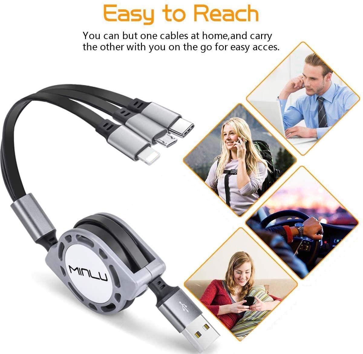 Retractable Charging Cable 3A, 3Pack 4Ft Multi Charging Cable Multi Fast Charger Cable 3 in 1 Multi USB Cable with IP/Type C/Micro USB Port for Cell Phones/Tablets/Samsung Galaxy/LG/Huawei/PS & More