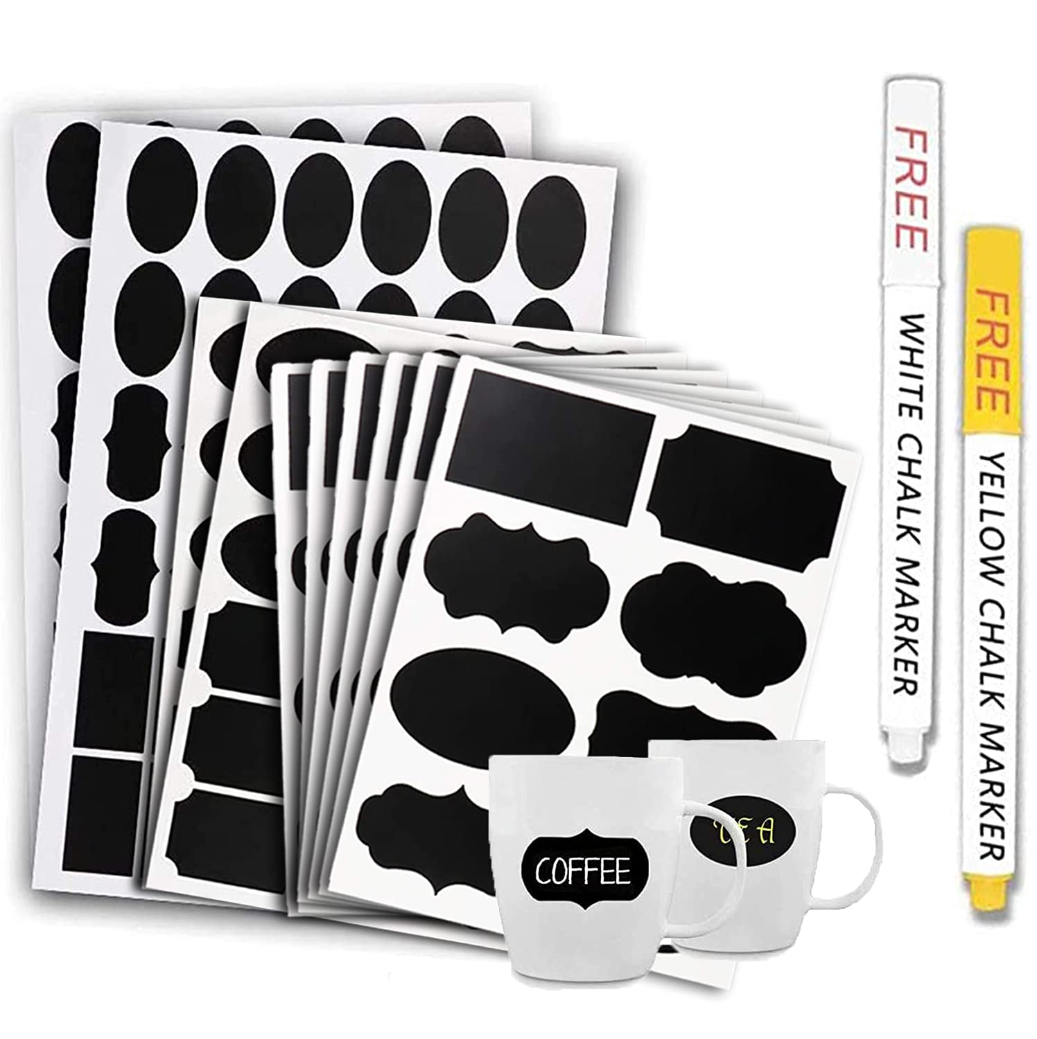 156PCS Chalkboard Labels, Premium Reusable Label Stickers, Chalk Labels for Pantry and Jars: Storage Bins, Mason, Spice, Glass, Cups, Containers, 2 Pack Erasable Chalk Marker (White/Yellow)