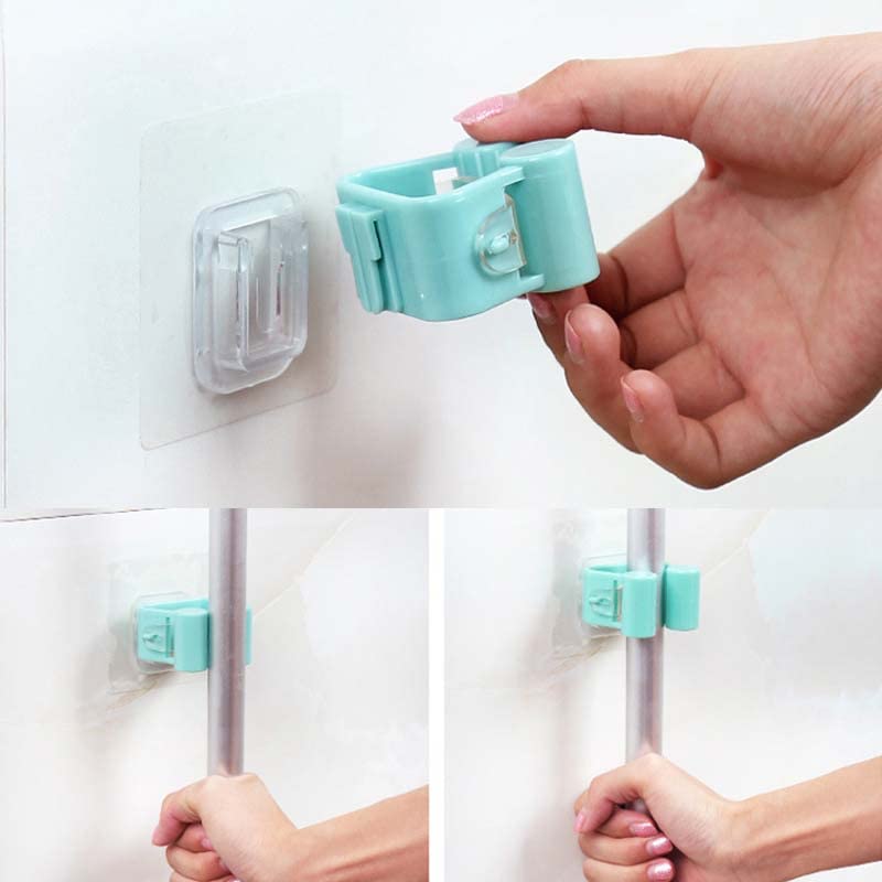 1PC Wall Mounted Mop Rack Hook Broom Gripper Holds Self Adhesive No Drilling Bathroom Kitchen Organizer Storage Holders Racks (Pink)