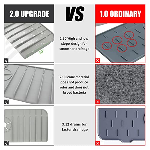 2-Pack Kitchen Sink Splash Pads, MORROT Kitchen, Bathroom Silicone Handle Drip Tray, Sink Drain Tray Drying Pads Countertop Splash Pads, Silicone Faucet Pads (Grey)