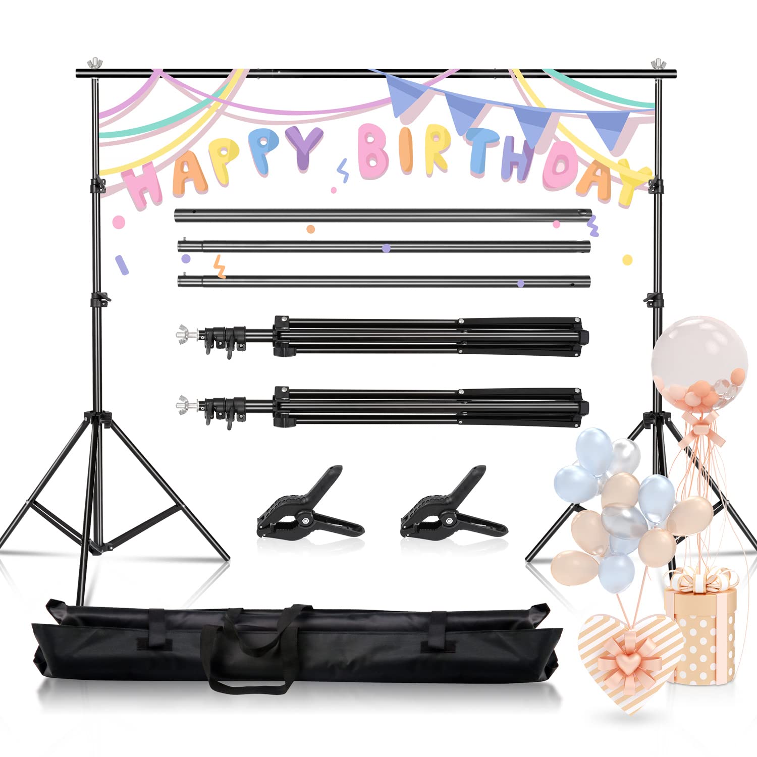 Walk Fly Backdrop Stand, 2x2m Adjustable Photography Muslin Background Support System Stand with Spring Clamps for Photo Video Studio Shooting, Christmas Parties Wedding