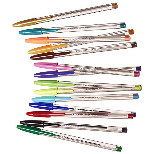 BIC Cristal Multicolour Ballpoint Pens With Wide Tip (1.6mm) Pens For Colourful Writing In Assorted Colours, Pack Of 15