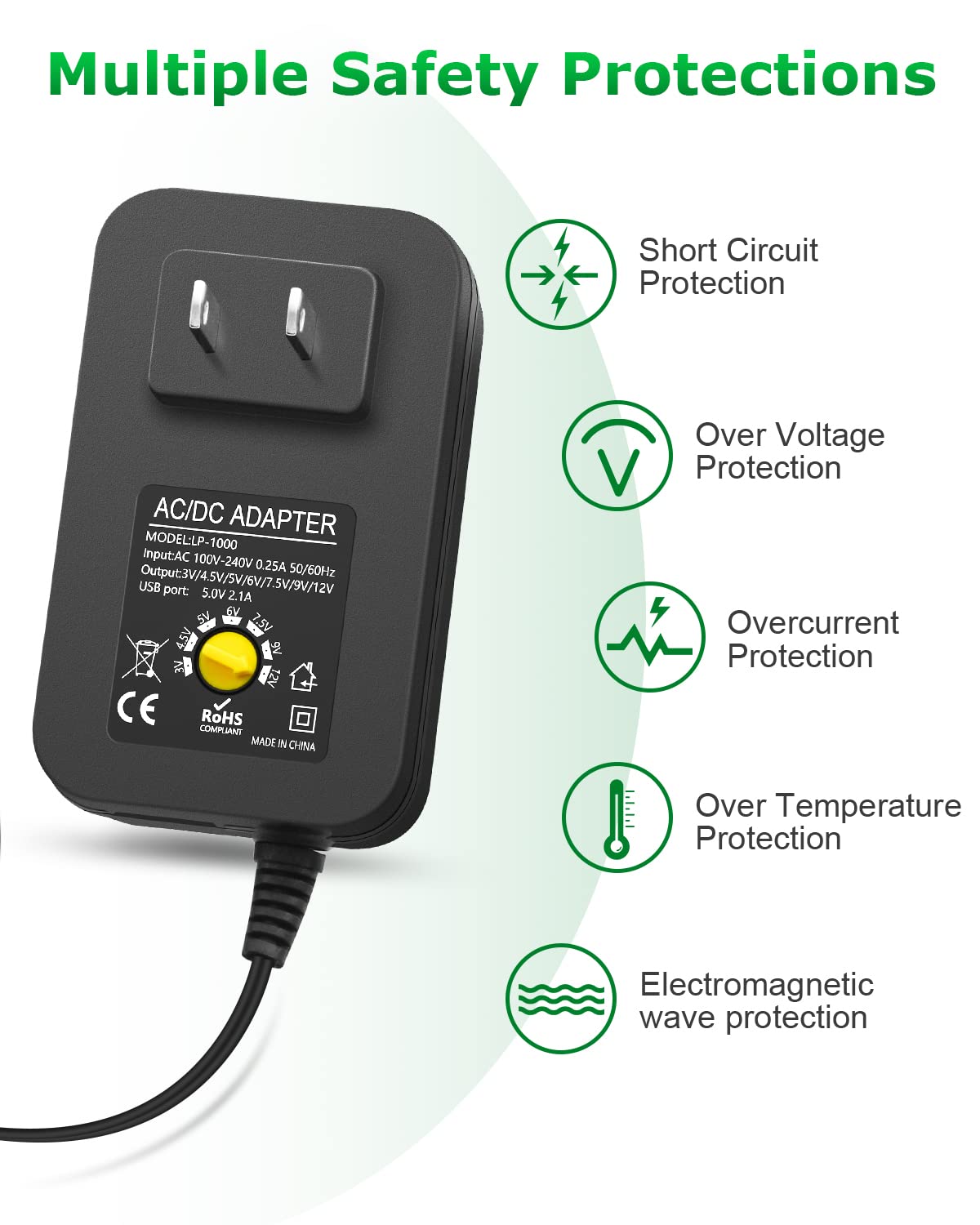 Arkare 30W Universal AC to DC Power Adapter Adjustable Power Supply 3V 4.5V 6V 9V 12V 2A 1A DC Adapter AC 100-240V to DC 3-12V Multi Voltage Switching Power Adapter with 15 Tips + Polarity Converter