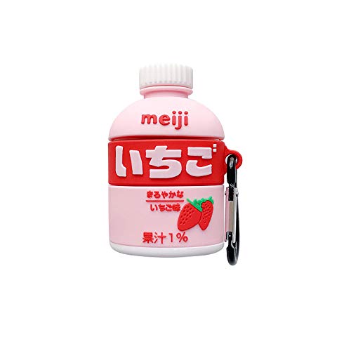 Cute AirPod Case Cover for Apple AirPods 1 2 AirPods1 AirPods with Clip Hook Keychain Pink Strawberry Flavor Juice Milk Drink Bottle 3D Cartoon Meiji Kawaii Lovely Fun Fresh Girls Kids Teens Daughter