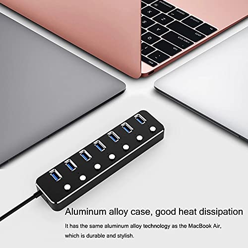 SHYPT Aluminum 7-Port USB 3.0 Hub 120cm Cable Sub-Control Switch 5Gbps LED Indicator HUB Chargeable Splitter for Multi USB Devices (Color : Silver)