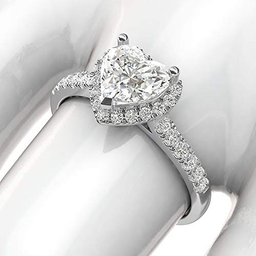 14k White Gold Heart-shaped Genuine Moissanite Halo Engagement Ring with Side Stones Promise Bridal Ring (12)