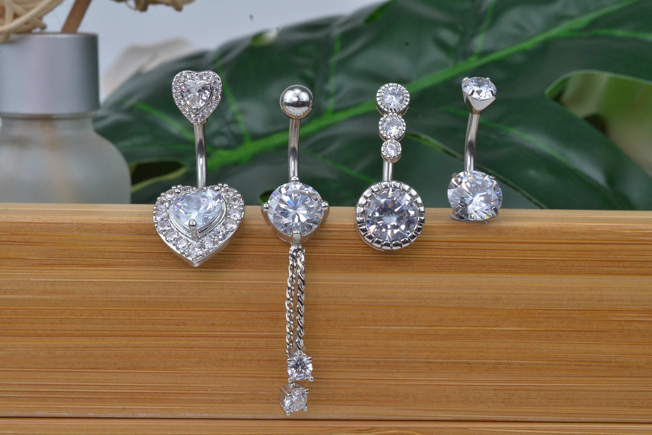 14G Surgical Steel Belly Button Rings Round/Love Heart Clear CZ Navel Curved Barbell Studs Sexy Body Piercing (4PCS - Gold)