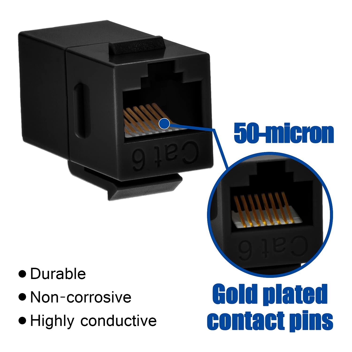 Beszin Cat.6 RJ45 Inline Coupler with Keystone Latch, Female-Female [50-Micron Gold Plated] (5-Pack, Black)
