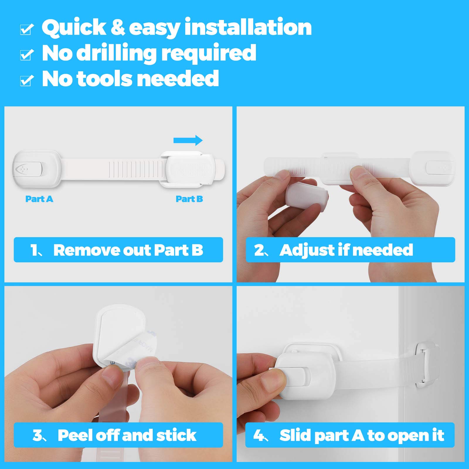 Child Safety Strap Locks for Cabinet, Fridge, Ovens, Toilet, Drawer, Trash can etc with Strong Adhesive Not Easy to Fall Off, Adjustable Length, 2 Packs