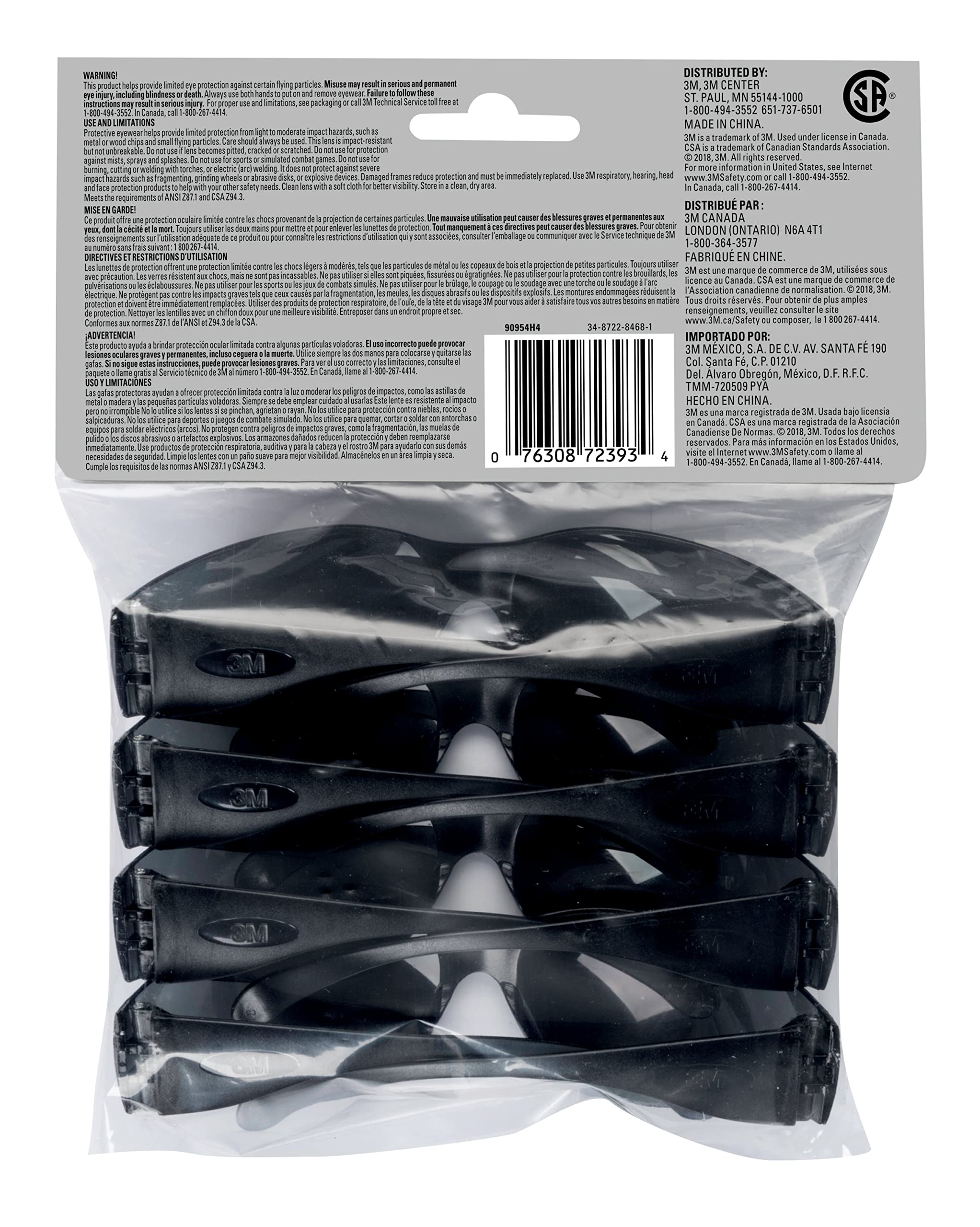 3M Safety Eyewear, 4 Pack, Impact-Resistant Lens, Blocks 99.9% of UV, Scratch-resistant coating, Contoured Design, Gray Lenses Help Reduce Sunlight, Sleek Design Safety Glasses (90954H4-DC)