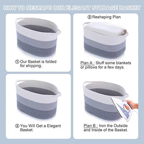 Bienvoun Cotton Rope Storage Baskets - 3 Packs Woven Storage Bins with Handle, Toy Storage Baskets, Blanket Baskets for Toy Storage, Blanket Storage, Book Storage(Grey)