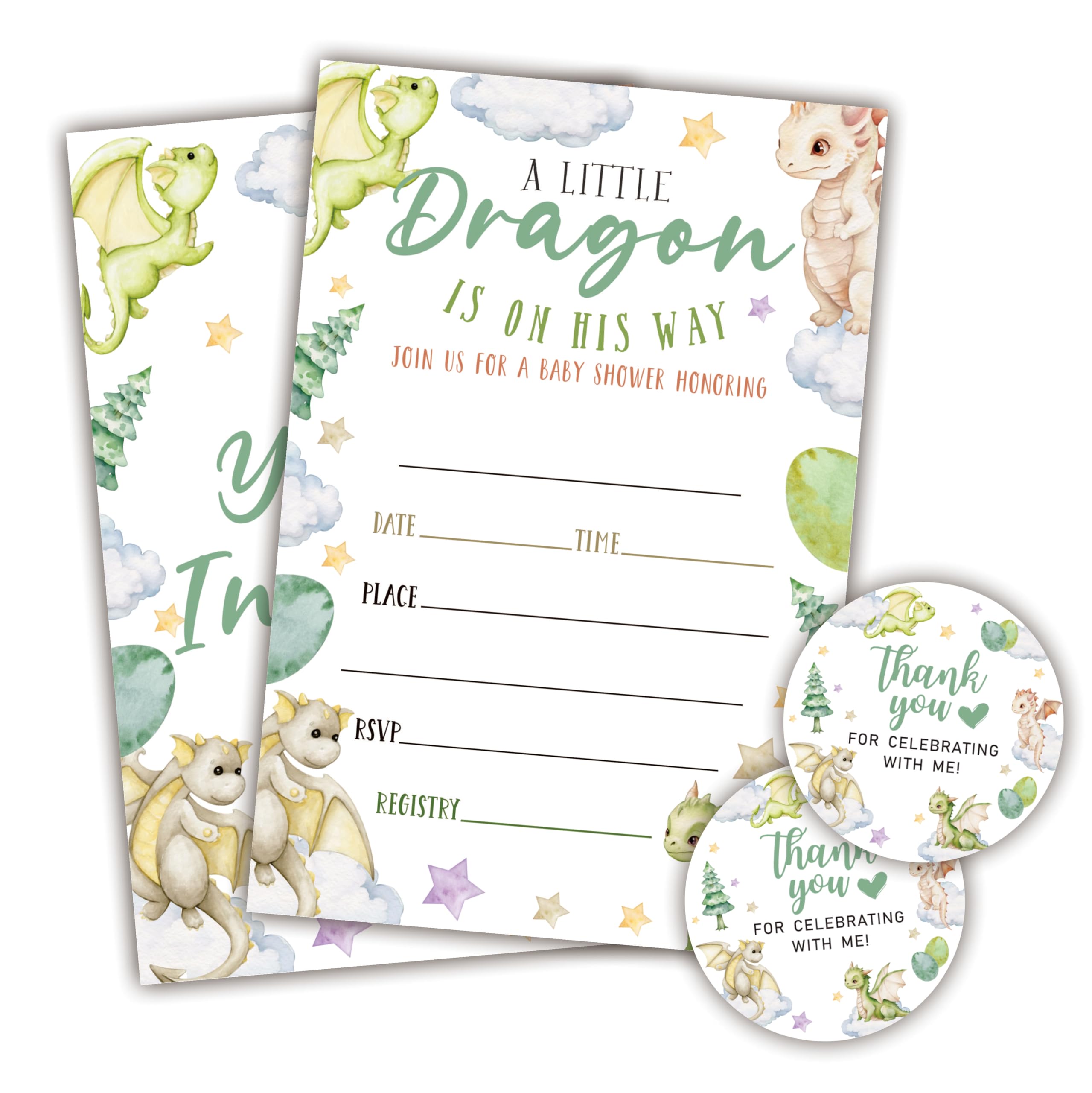 20 Baby Shower Invitations & Thank You Stickers - A Little Dragon Is On His Way, Adorable Dragon Invites, Envelopes & Adhesive Round Stickers, Gender Reveal, Baby Announcement Party Favor (A02)