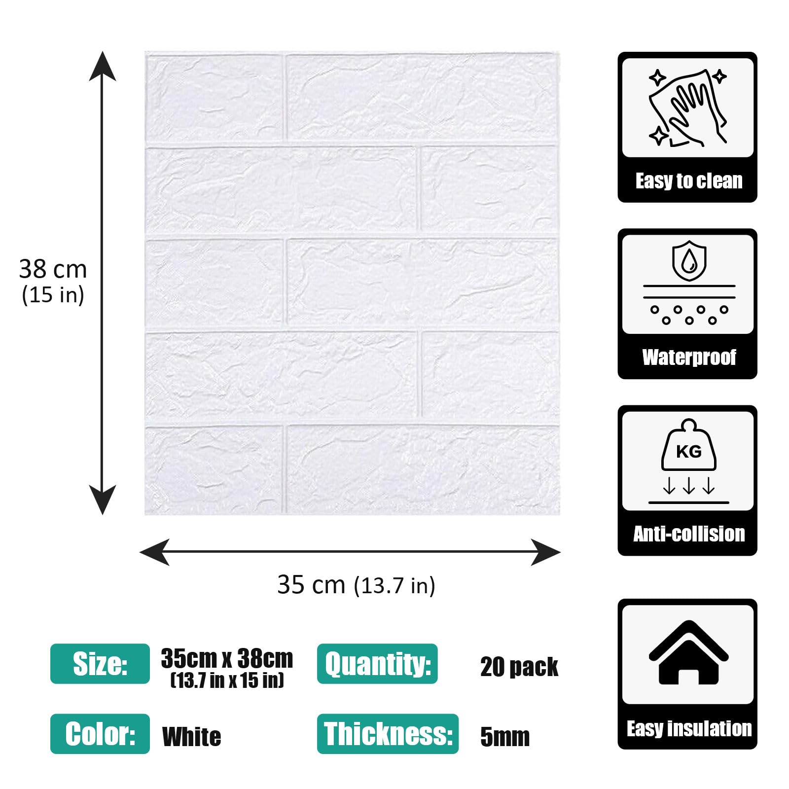 3D Wall Panels Peel and Stick - PE Foam DIY Self Adhesive, Waterproof, Perfect for Interior Wall Decor in Bedroom & Living Room (White, 20pcs 13Γ15ββ)