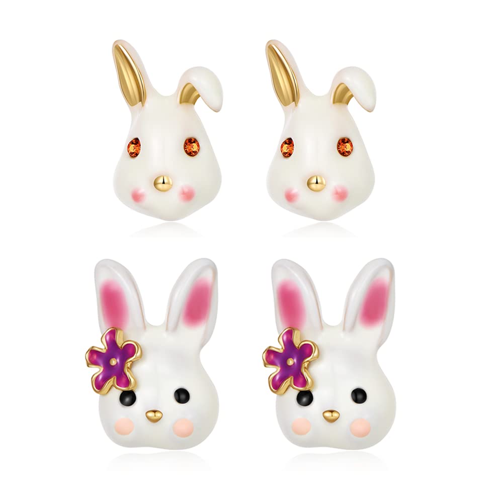 2 Pairs Cute Babbit Bunny Clip On Earrings Enamel Easter Clip Earrings for Women