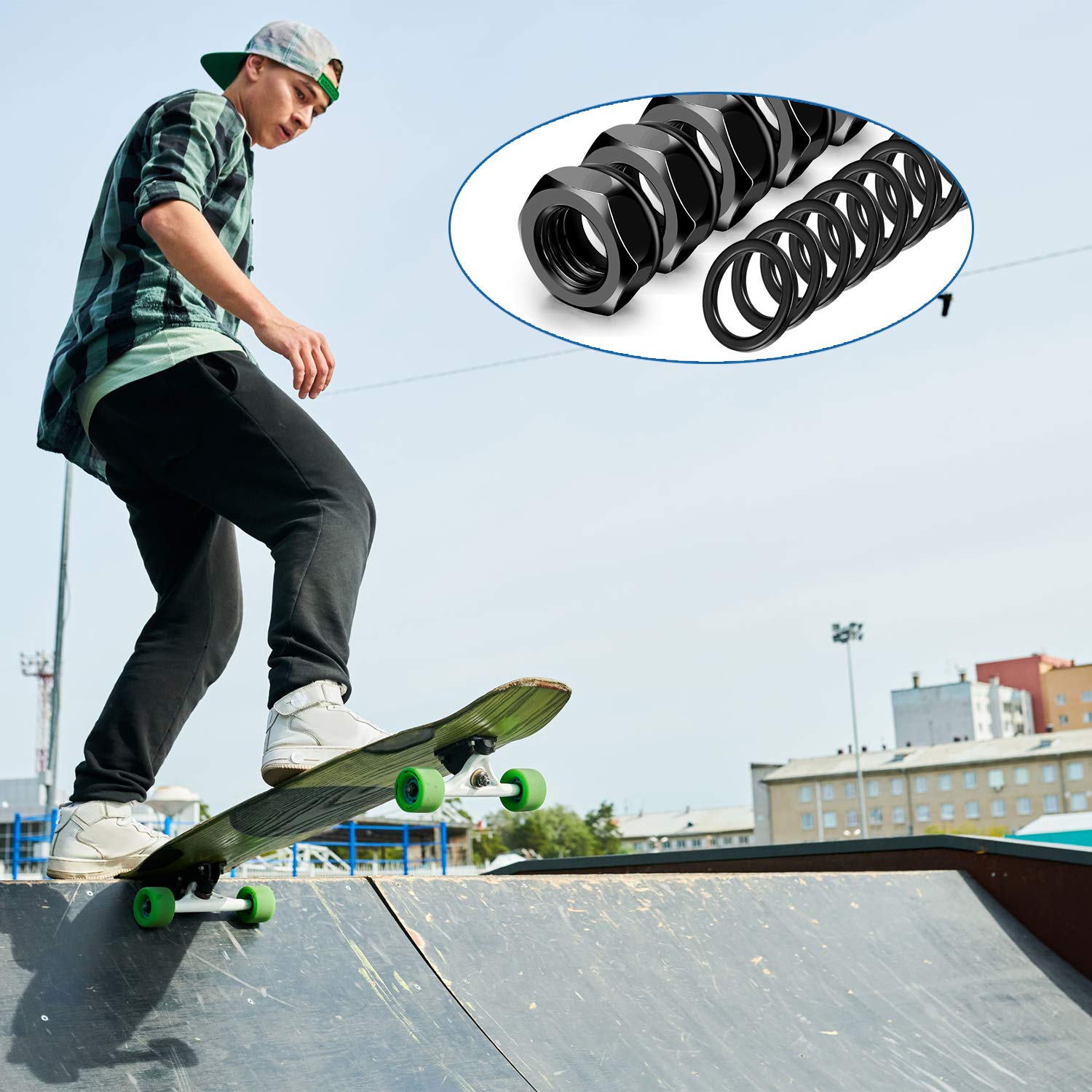 16 Pieces Skateboard Truck Nuts and 16 Pieces Skateboard Truck Axle Washers for Longboards and Skateboard Hardware Kit (Black)