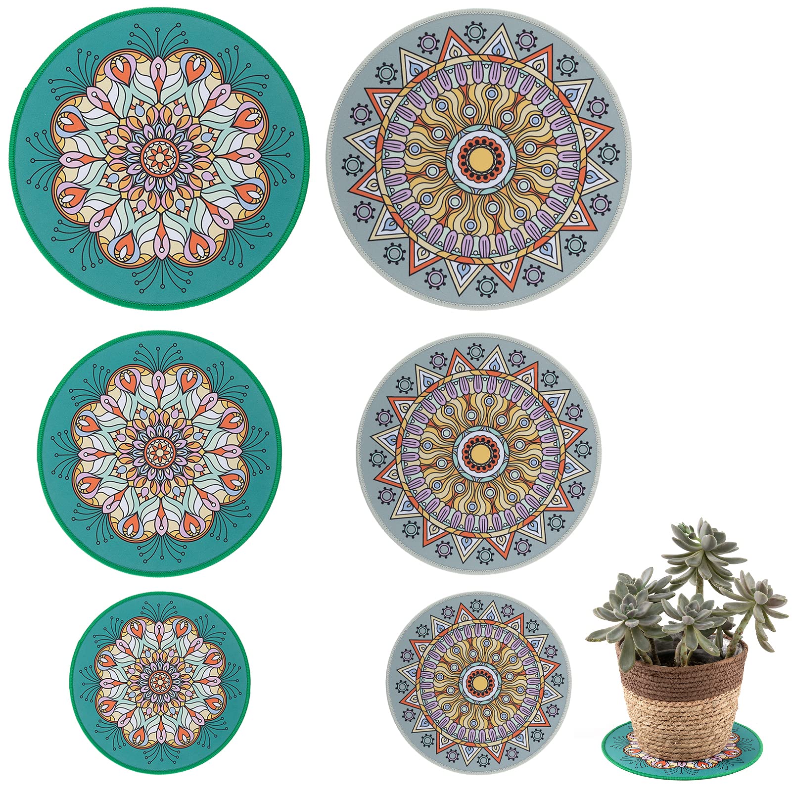 6Pcs Boho Flower Pot Mats - Absorbent Anti-Slip Plant Pot Pad with 2 Colorful Patterns & 3 Sizes Round Flower Plant Protect Mat for Table Desk Garden (9.9'', 7.9'', 5.9'')