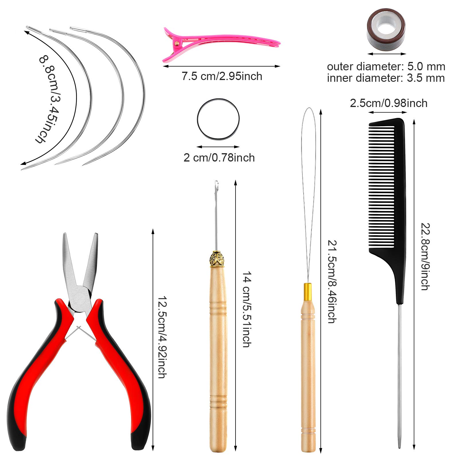 Chuangdi Sew in Hair Extension Tool Kit, 600 Silicone Lined Micro Ring Beads 1 Pliers 2 Hook Needle Pulling Loop 10 Curved Hair Needle 4 Alligator Clips 1 Comb 100 Black Mini Rubber Band