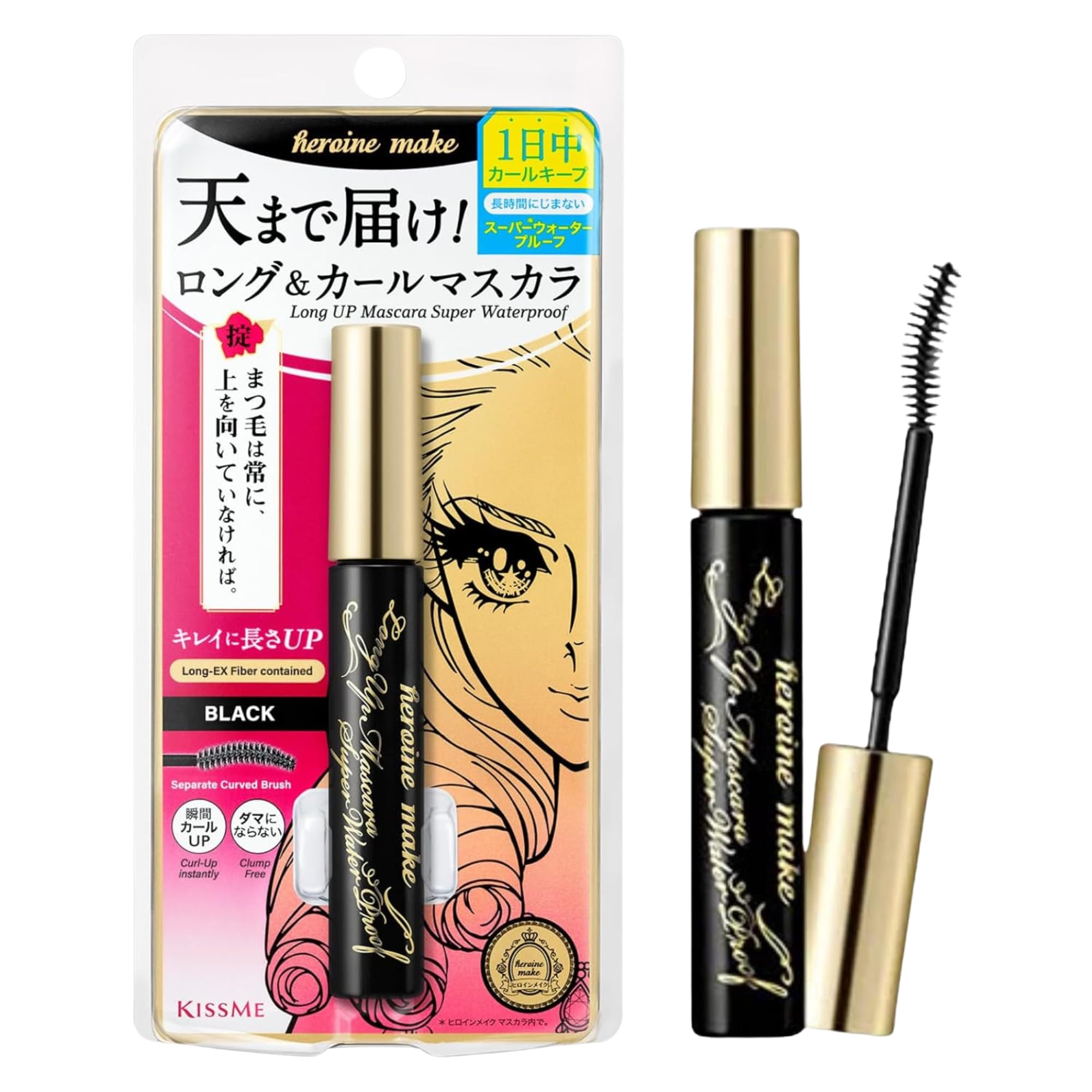 HEROINE MAKE by KISSME Long & Curl Up Waterproof Mascara Black, Lengthening & Volume Fiber Tubing Mascara Makeup, WP 01