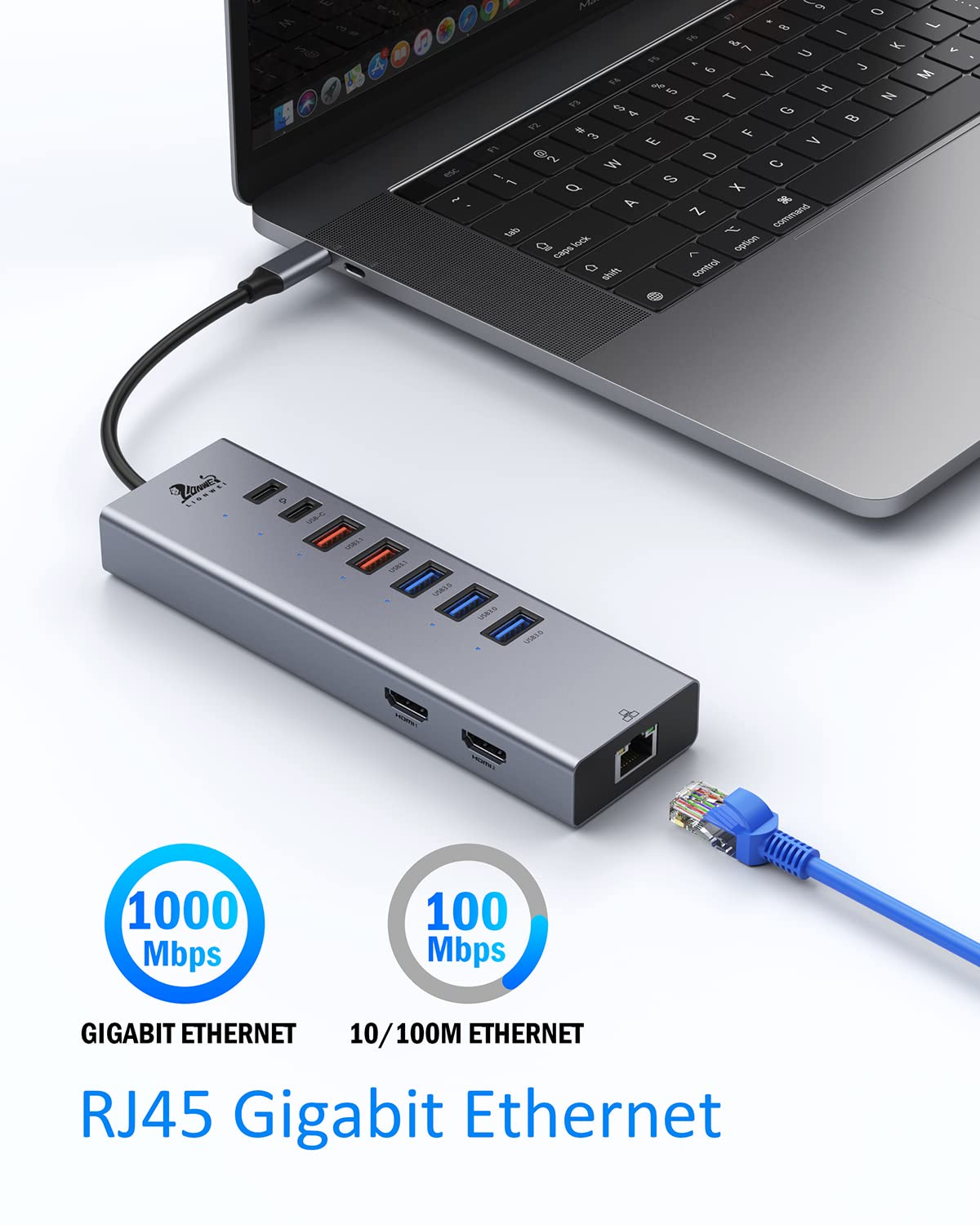 8K Dual HDMI USB C Hub 10Gbps Laptop Docking Station USB C to Dual 4K Monitor for Dell/HP/Lenovo, 10-in-1 USB C Adapter Dongle with Gigabit Ethernet, 2 USB 3.1, 3 USB 3.0, USB C Data and PD Charging