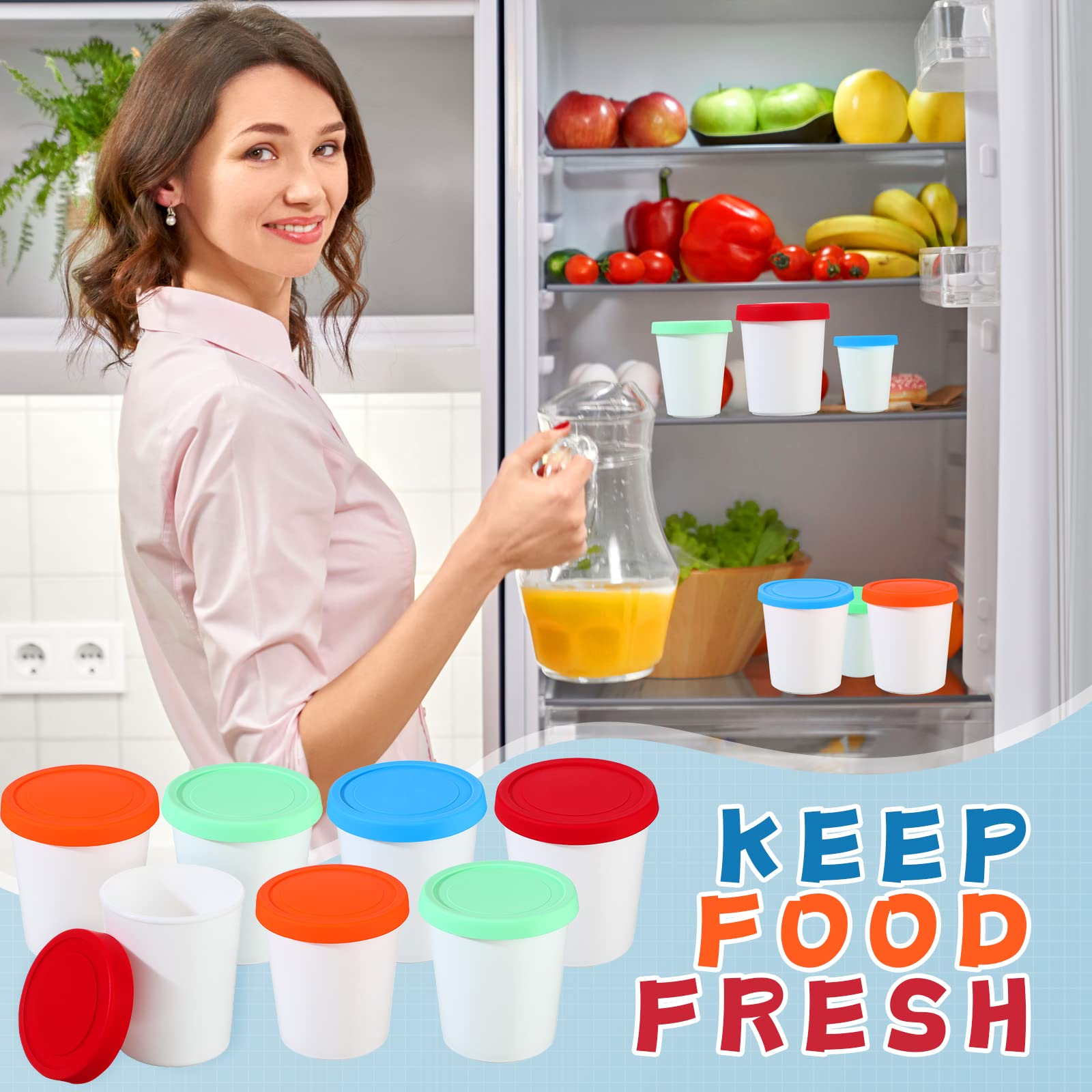 12 Pieces Ice Cream Containers Reusable Homemade Ice Cream Storage Containers with Silicone Lids 1 Quart 8.5 oz 6 oz Plastic Ice Cream Tub Assorted Freezer Storage Tubs for Yogurt Sorbet Gelato