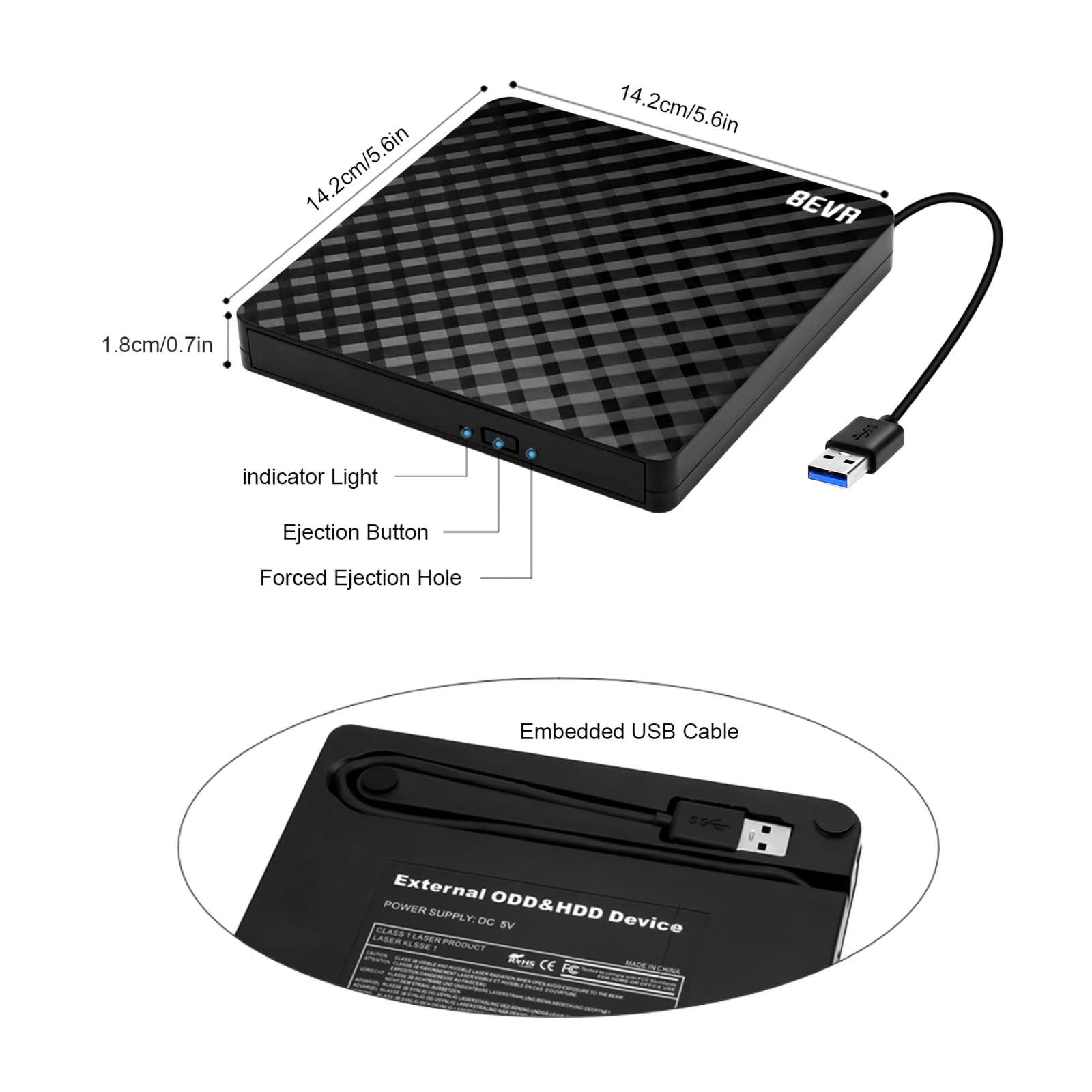 BEVA External CD Drive, USB 3.0 Portable CD DVD Reader DVD Drive External CD DVD Player Burner RW Writer, Copier for Laptop, Desktop, Mac, Support Windows 7/8/ 10/ XP/Mac OS