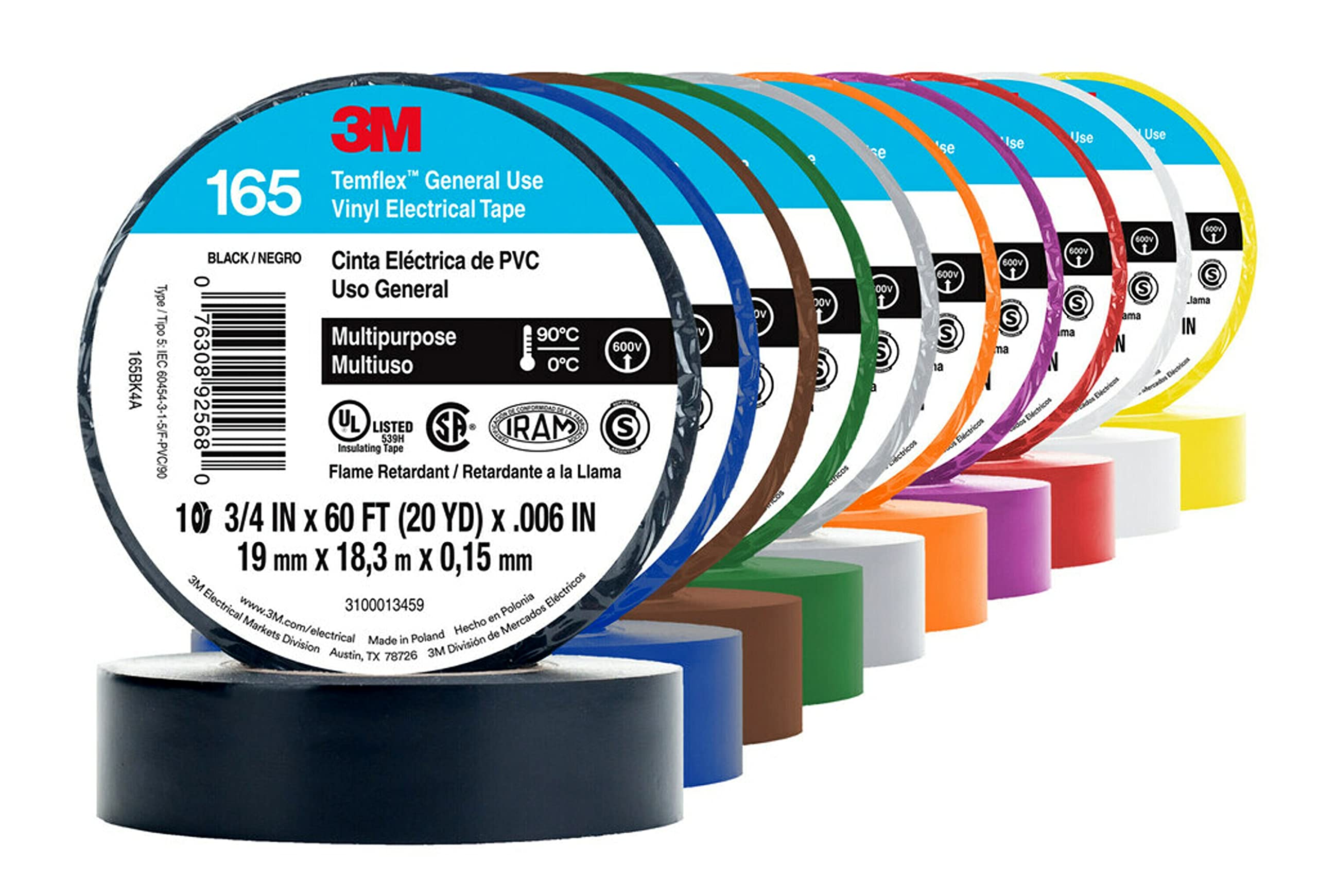 3M Temflex Multi-Purpose Vinyl Electrical Tape 165, Black, 3/4 in x 60 ft (19 mm x 18 m), 10 Roll Pack
