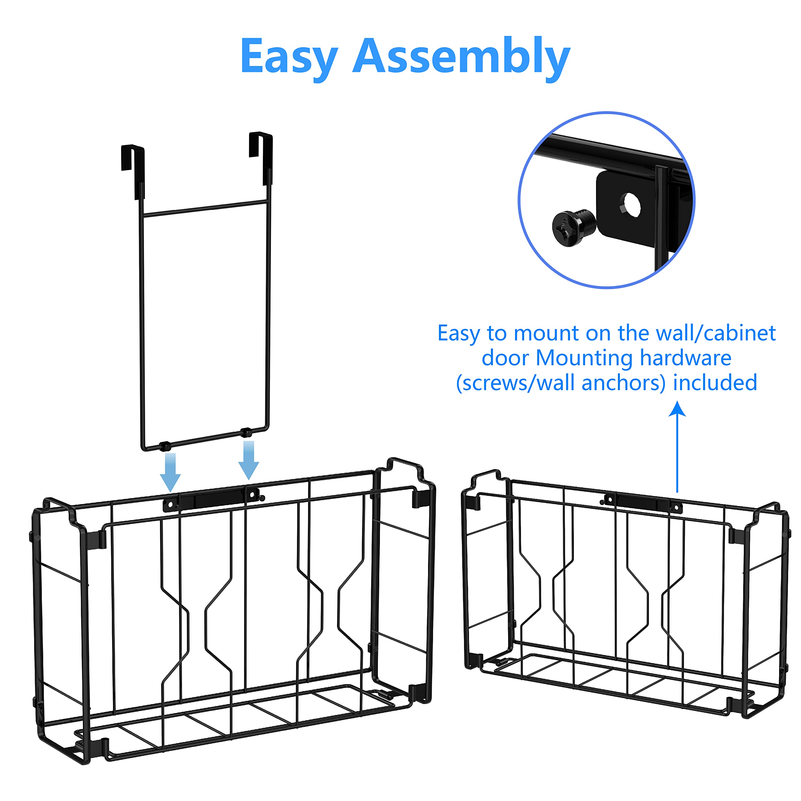 2 Pack- Simple Trending Over the Door/Wall Mount Cabinet Door Organizer Holder in Kitchen or Pantry for Cutting Board, Aluminum Foil, Cleaning Supplies, Black