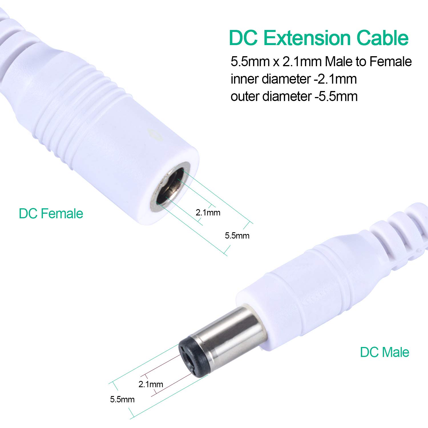 Cable Nahao 2 Pack Power Extension Cable 12ft 2.1mm x 5.5mm Compatible with DC 5V 12V 24V for CCTV Security Camera IP Camera Standalone DVR, LED Strip String Light-Male to Female (White)